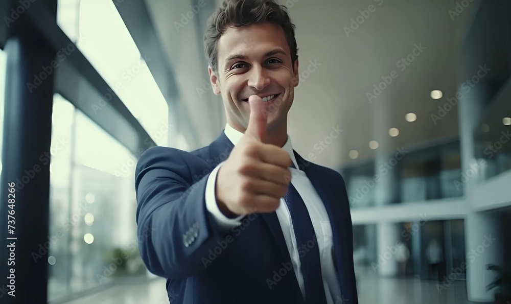 ultrarealistic Businessman standing with thumbs up for meeting finish ...