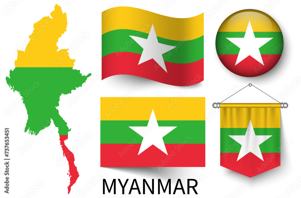 The various patterns of the Myanmar national flags and the map of ...