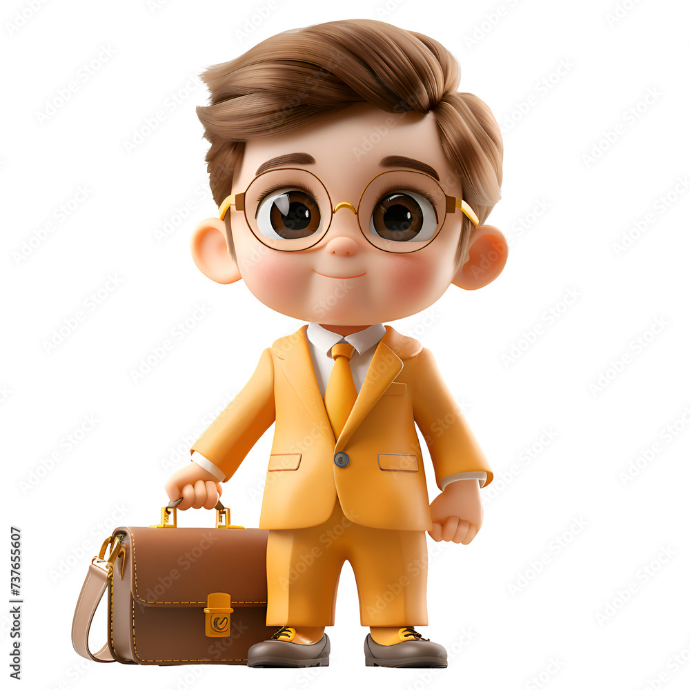 A 3D animated cartoon render of a smart little boy in a formal suit ...