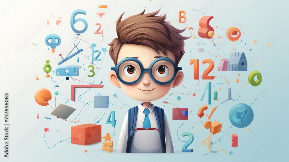 Cartoon illustration of a smart boy student wearing glasses with ...