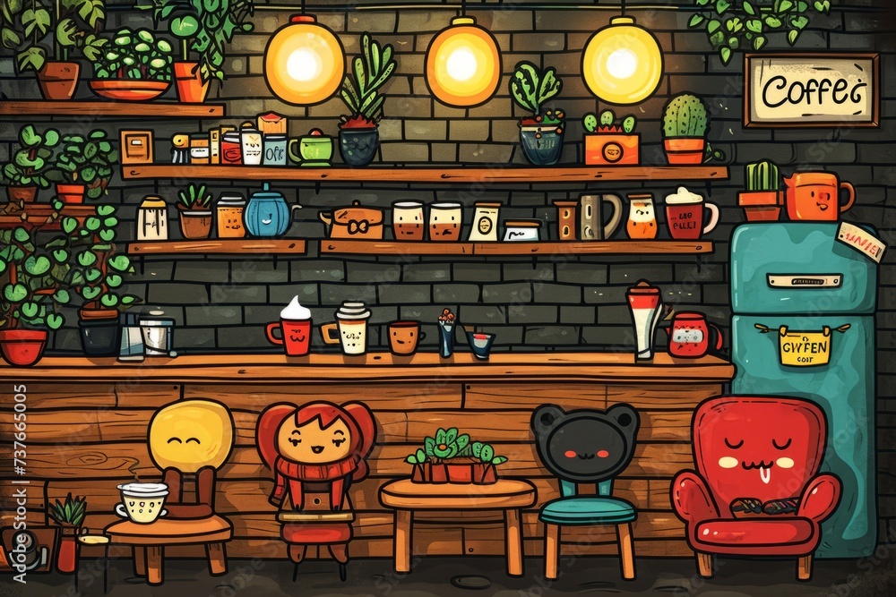 Cartoon cute doodles of a charming coffee shop, with characters sipping ...