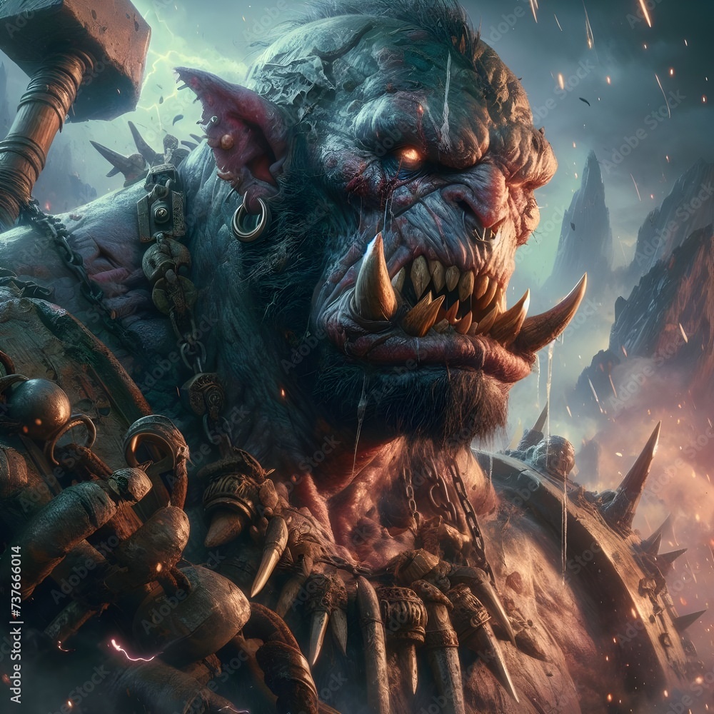 An angry ogre with scarred muscles, a necklace of teeth around his neck ...