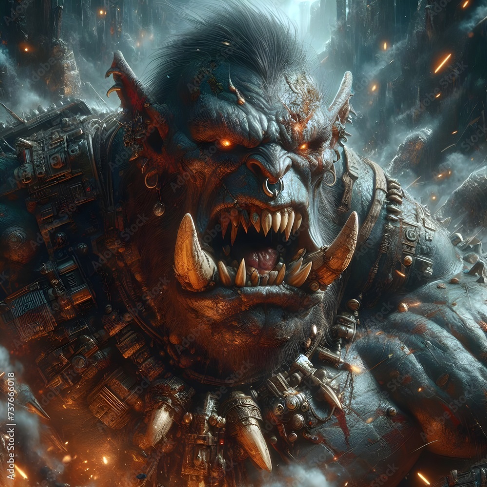 An angry ogre with scarred muscles, a necklace of teeth around his neck ...
