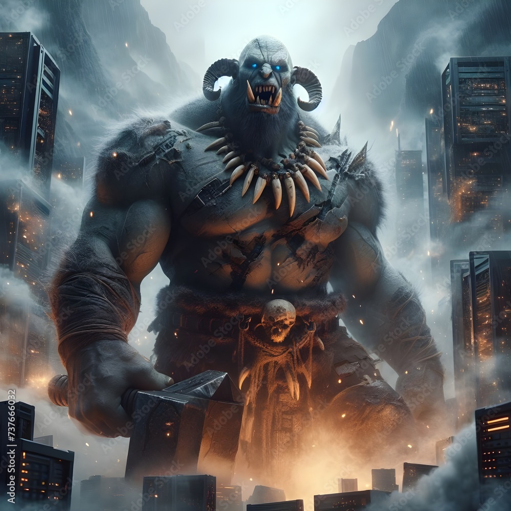 An angry ogre with scarred muscles, a necklace of teeth around his neck ...