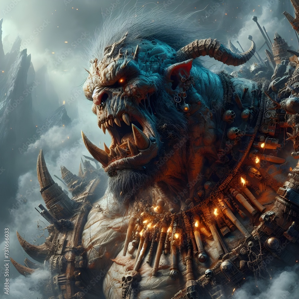 An angry ogre with scarred muscles, a necklace of teeth around his neck ...