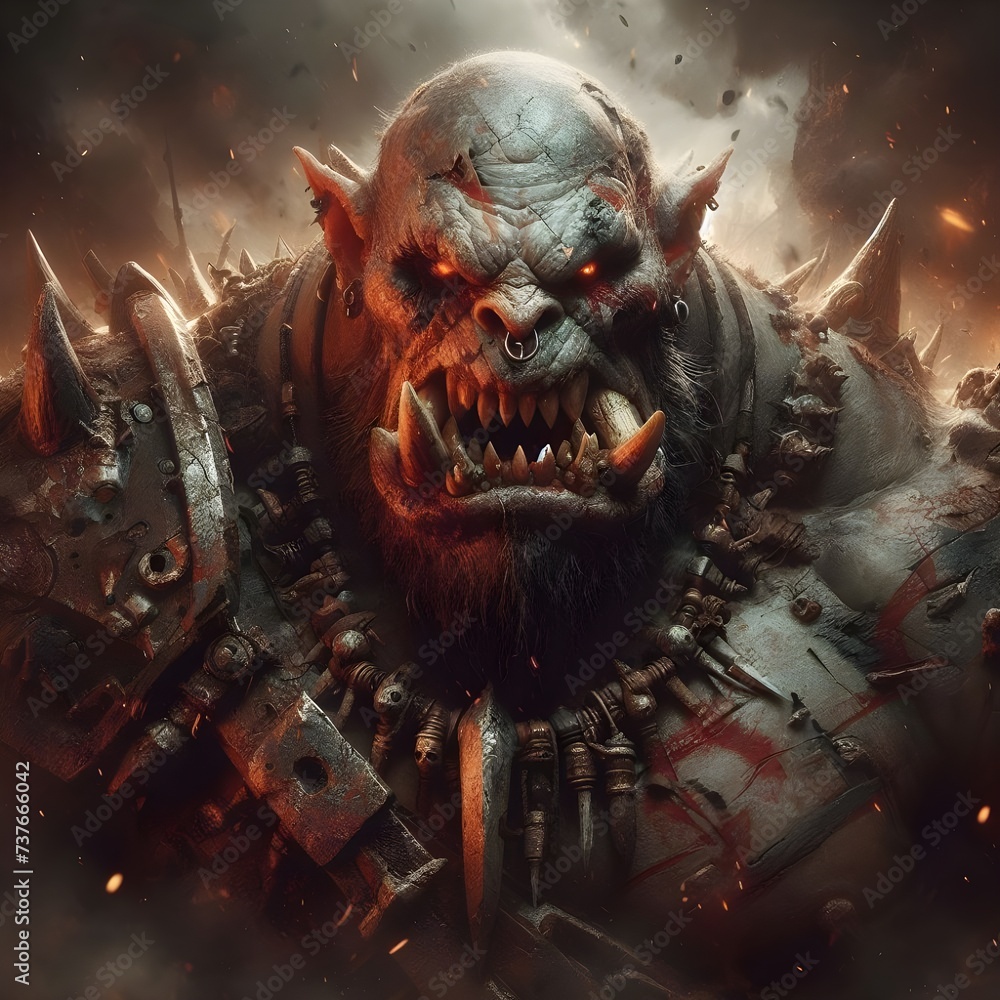 An angry ogre with scarred muscles, a necklace of teeth around his neck ...