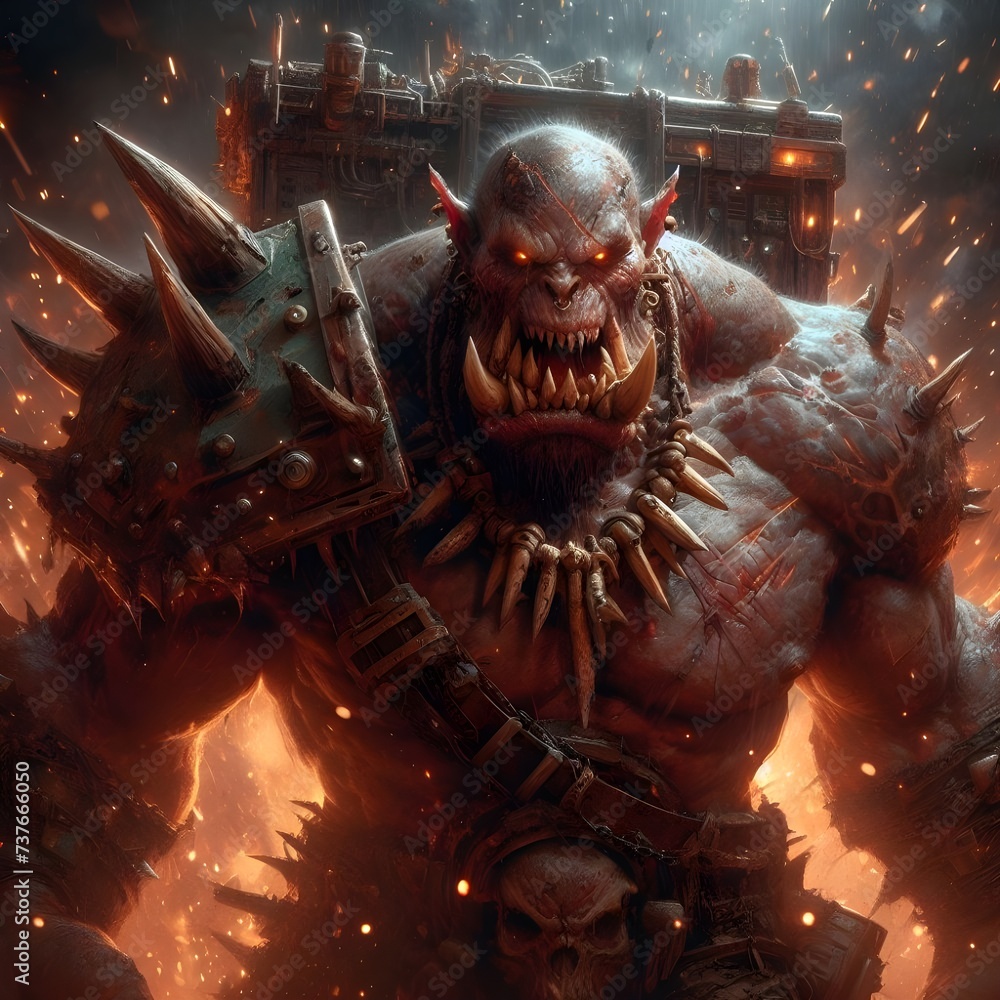 An angry ogre with scarred muscles, a necklace of teeth around his neck ...
