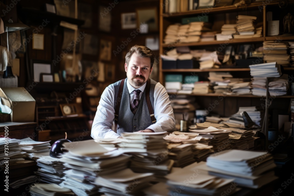 Snapshot of a County Clerk in a quaint office, meticulously managing ...