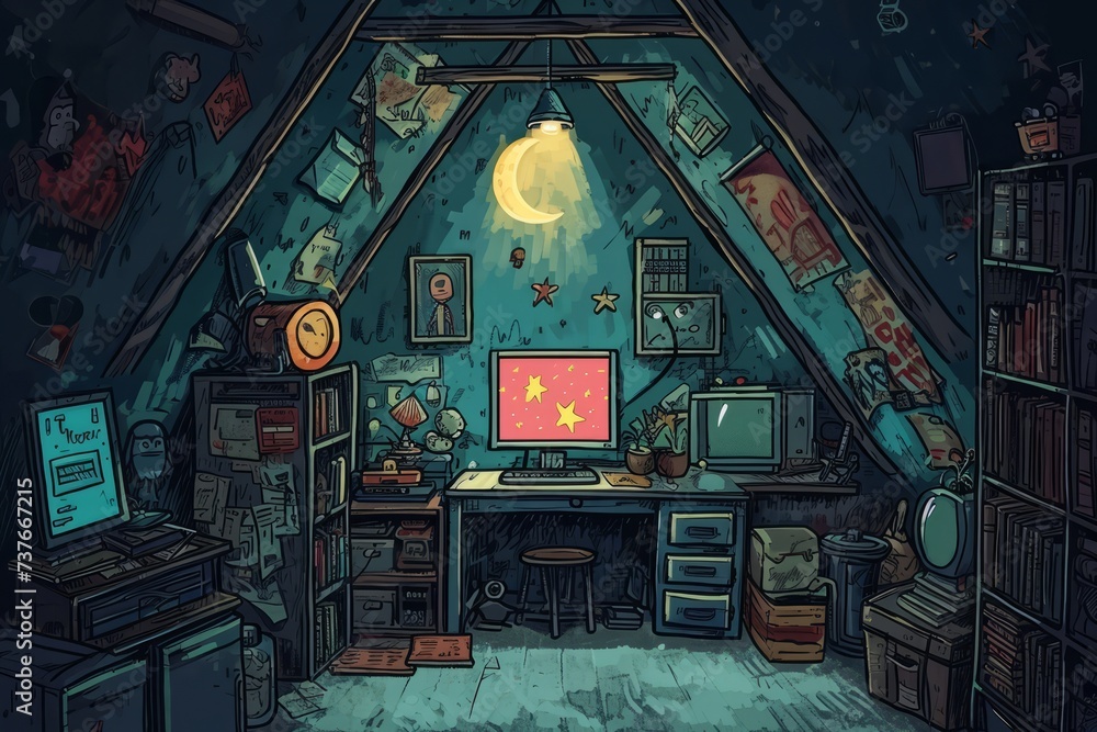 Cartoon cute doodles of a cozy attic hideaway, with characters ...