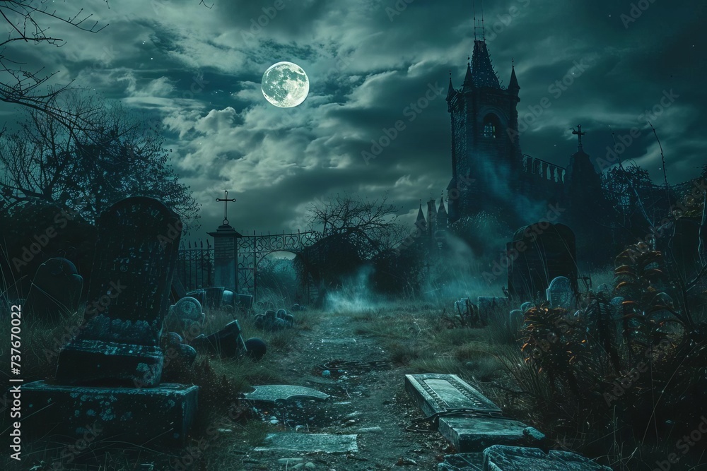 Halloween graveyard scene leading to a castle Under a spooky night sky ...