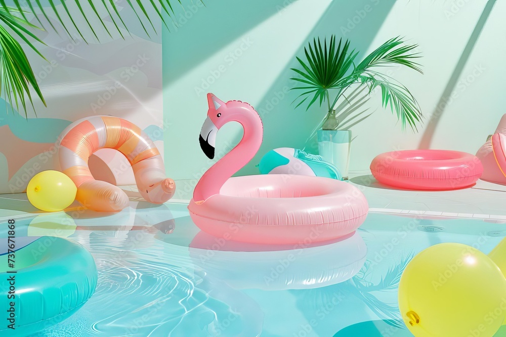 Summer pool party Inflatable flamingo Relaxation vibes Water fun ...