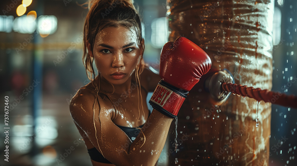 A Thai beautiful Female boxer hits a huge punching bag at a boxing studio. Woman Muay Thai boxer ...
