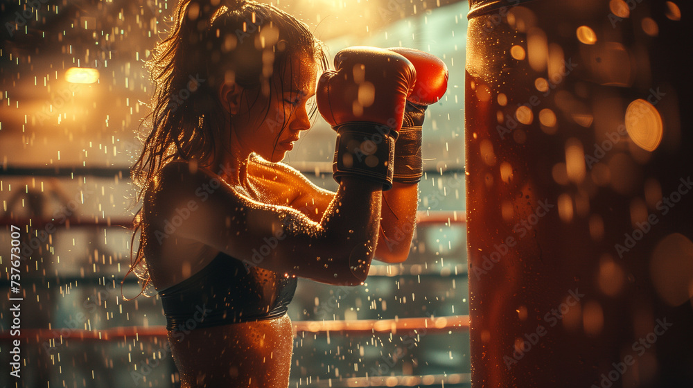 A Thai beautiful Female boxer hits a huge punching bag at a boxing ...