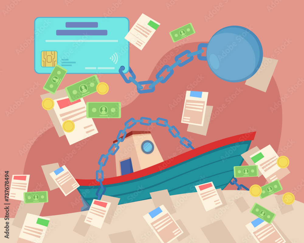 Ship sinking in sea of debts and credit agreements. Metaphor concept ...