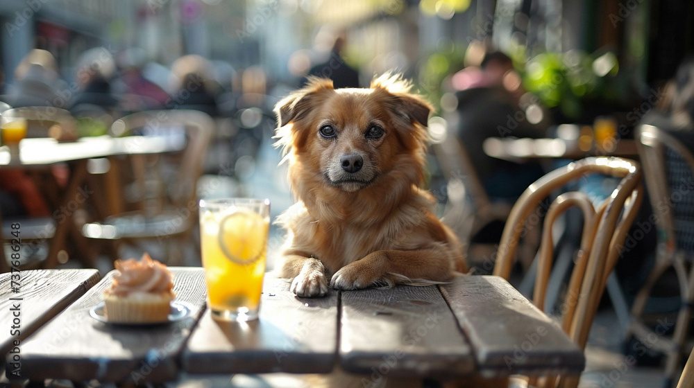 Sunny terrace of a dog cafe dogs at tables with lemonade and affogato ...