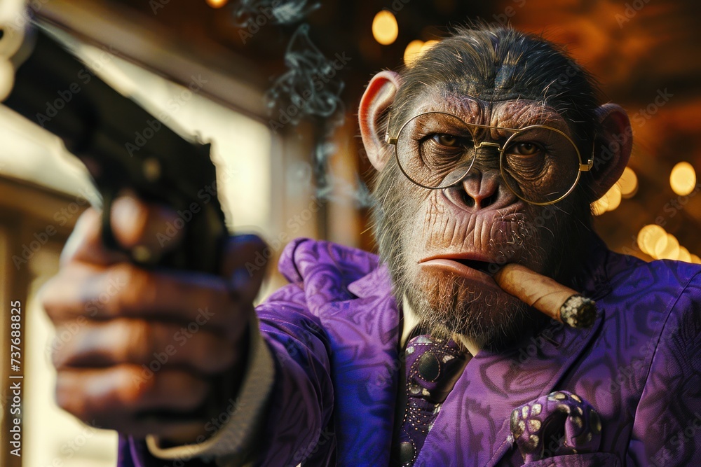 Monkey wears a purple suit, smokes a cigar, wears glasses and holds a ...