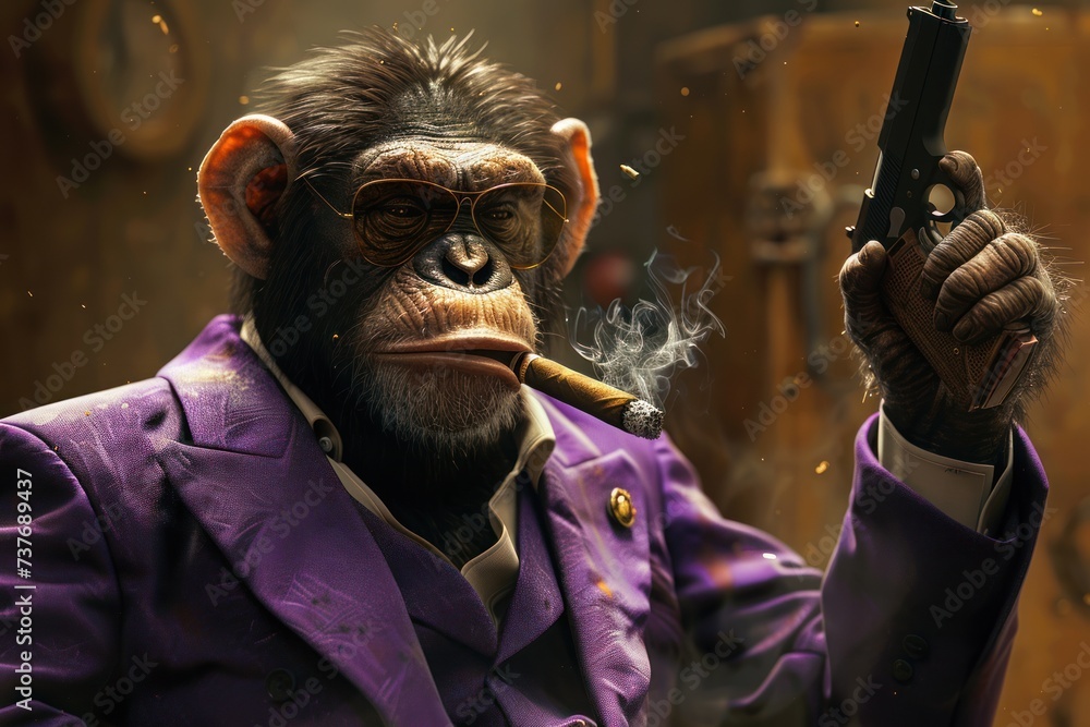 Monkey wears a purple suit, smokes a cigar, wears glasses and holds a ...