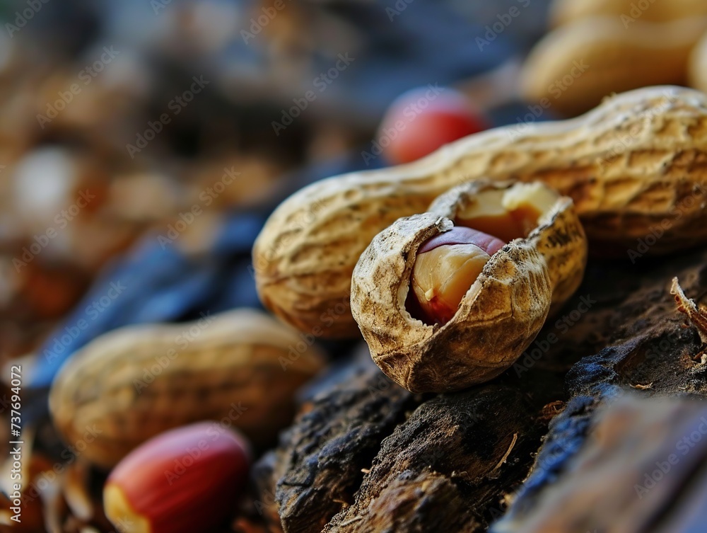 peanuts on outdoors ground background, closeup of peanuts in the shell ...