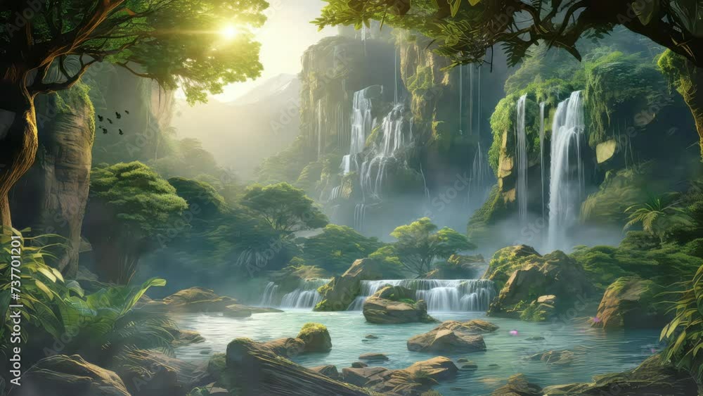 Animation natural waterfalls and rivers in the middle of green forests ...