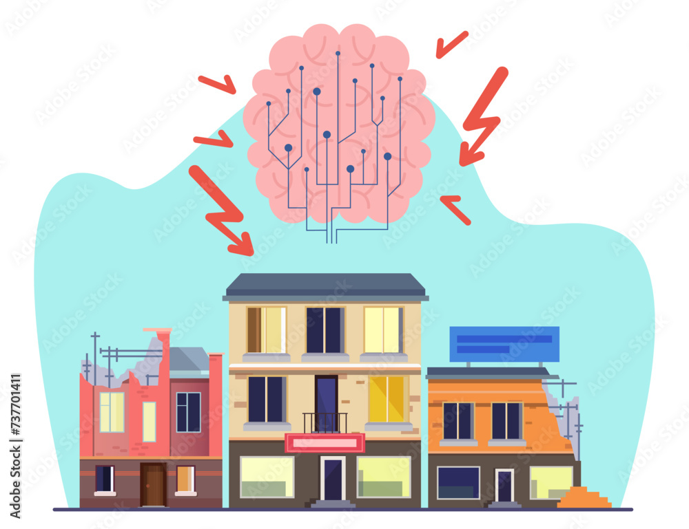 Destruction of buildings as symbol of company ruin. AI brains causing ...
