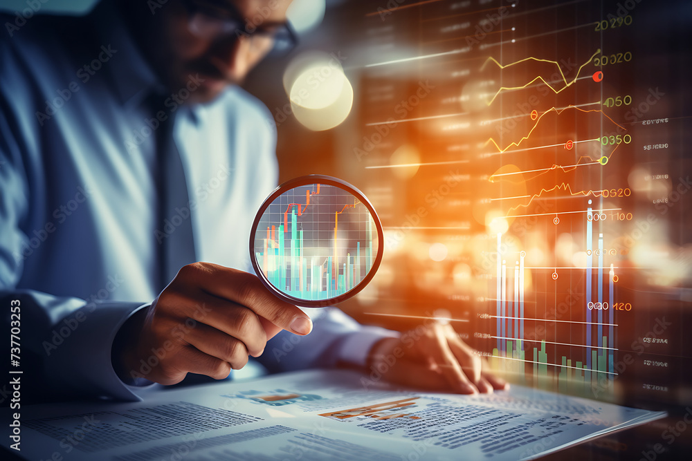 Magnifying glass over financial charts and graphs. 3d rendering. Stock ...