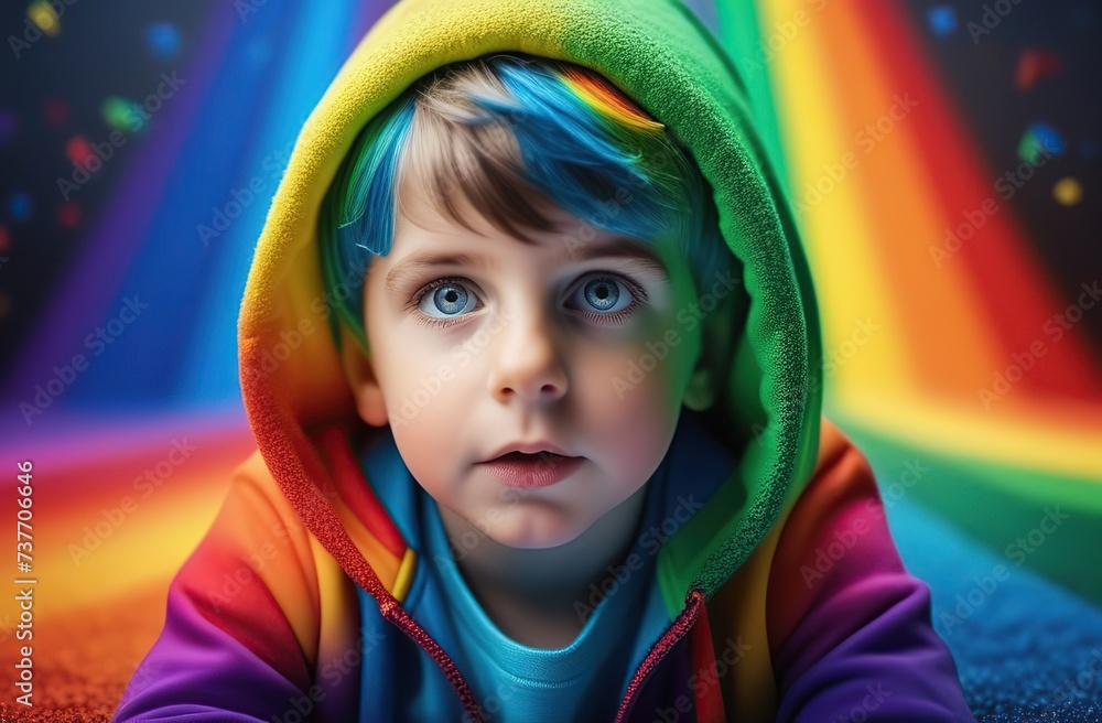child in rainbow coloured imaginary world. Child mental health concept ...