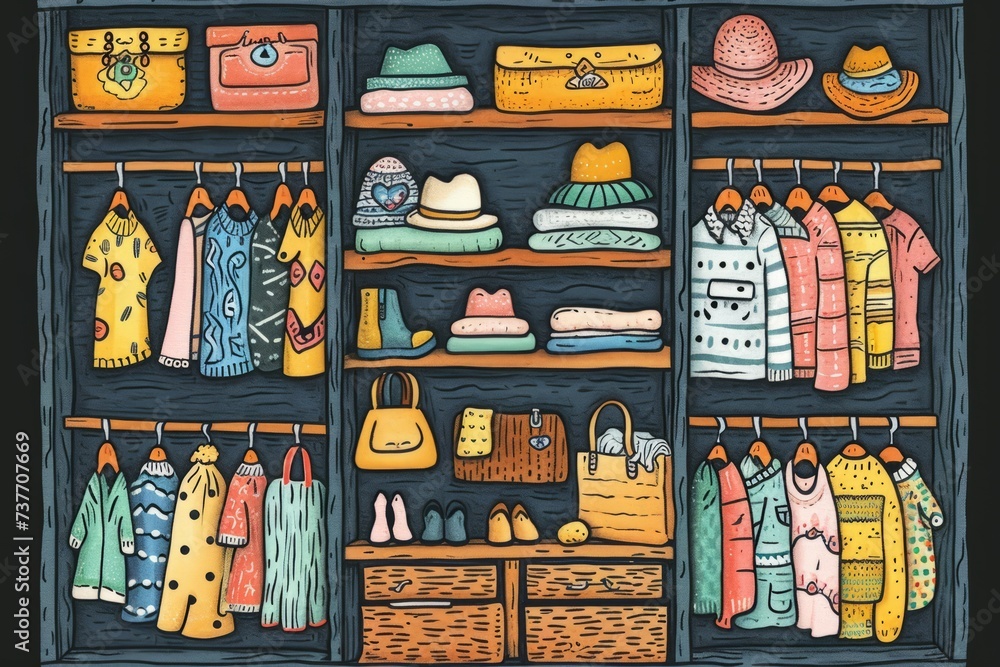 Cartoon cute doodles of a whimsical closet, with characters selecting ...
