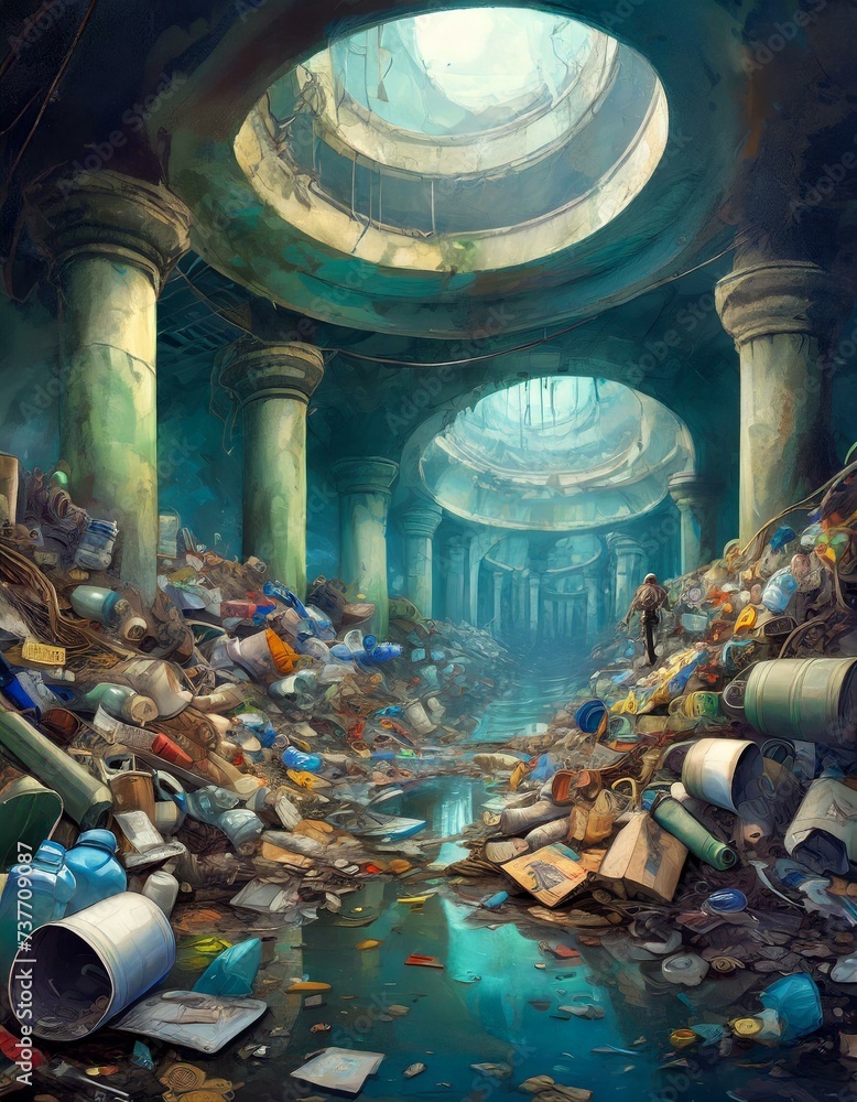 Sewer overflowing with discarded objects, with towering piles of trash ...