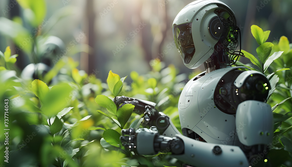 Smart robot farmers working on a plantation, picking plants with ...