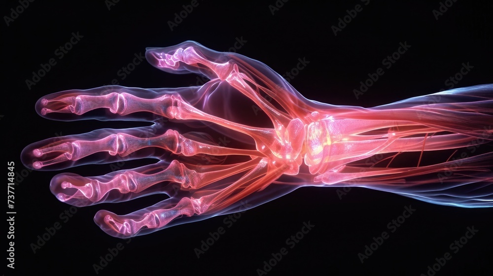 A 3D holographic image of a human hand shows the muscles and tendons in ...