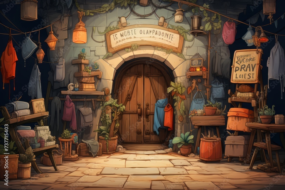 Cartoon cute doodles of a welcoming entryway, with characters hanging ...