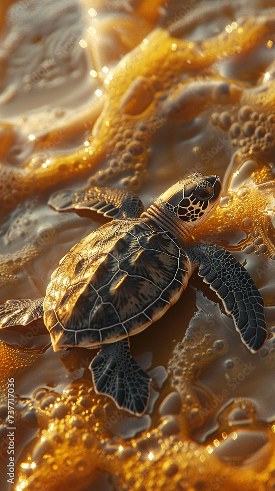 Retrofuturism Baby sea turtle exploring a dystopian landscape of pizza ...