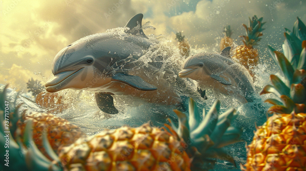 Surrealism A couple riding a baby dolphin through a sea of floating ...