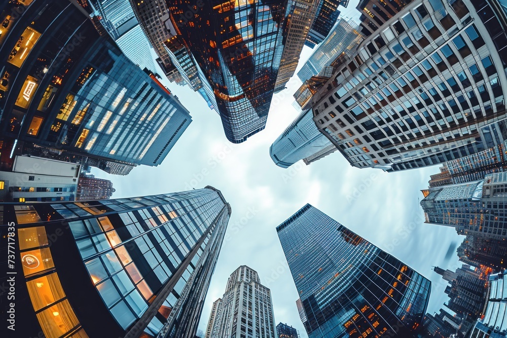 An overhead view of the city with tall buildings rising from the ground ...