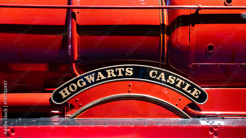 JAPAN - NOV 13, 2023: Hogwarts Castle destination signage logo from ...