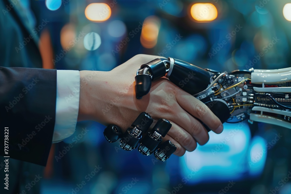 Businessman shakes hands with AI. Concept of cooperation, agreement ...