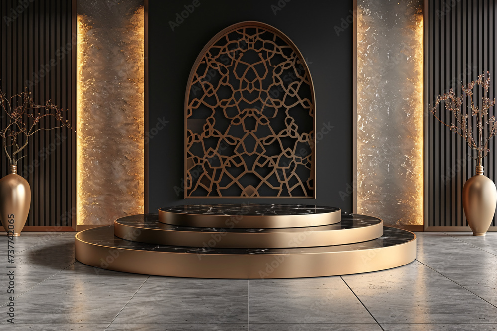 An elegant interior with a modern gold podium and ambient lighting ...