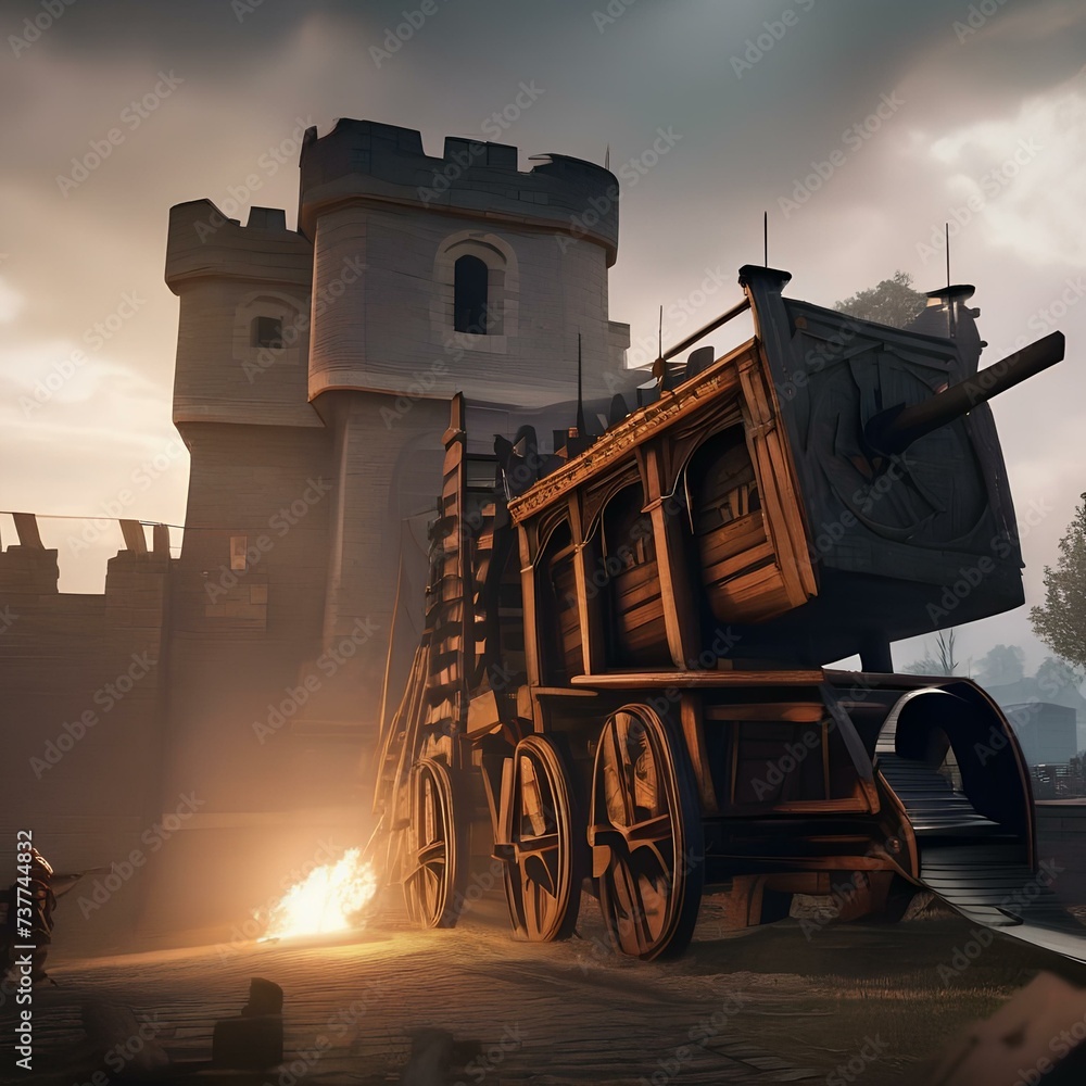 Epic siege engine, Massive siege engine unleashing destruction upon a ...
