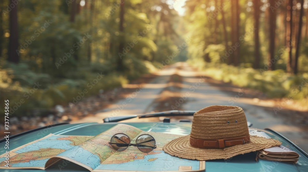 Planning a summer journey, road trip map unfolded across the car's hood ...
