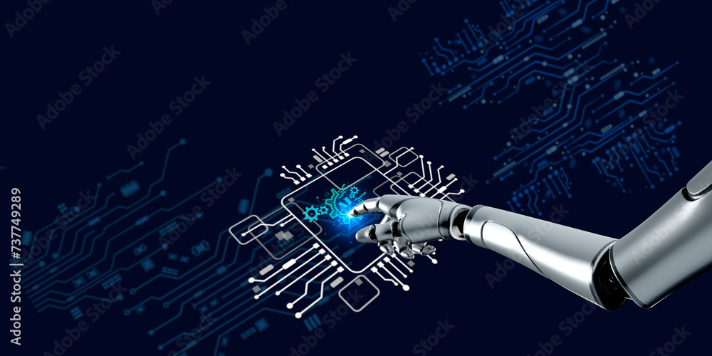 3D robotic render showing metaverse and data science algorithm digital data network ...