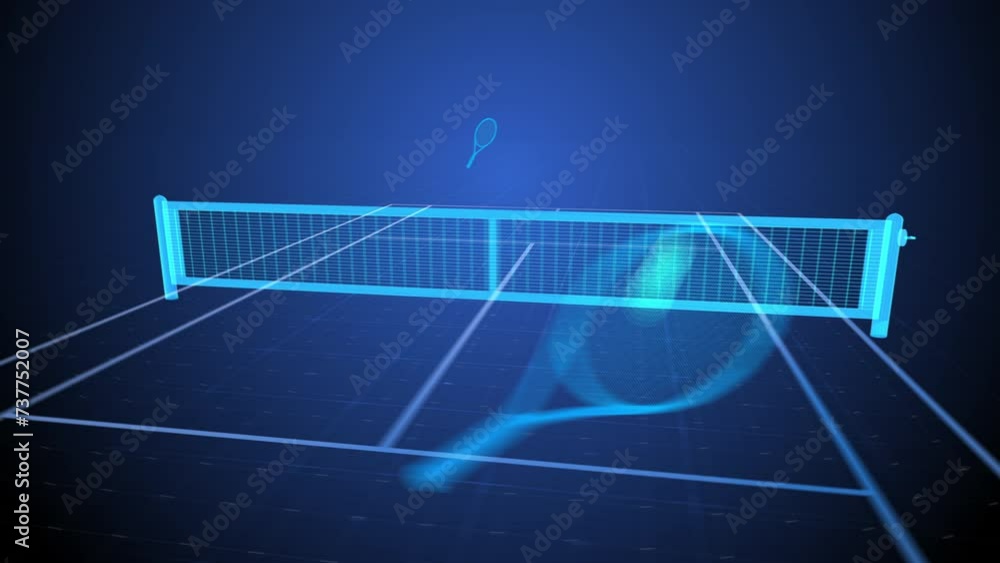 High tech holographic 3D animation of tennis game. Futuristic rackets ...