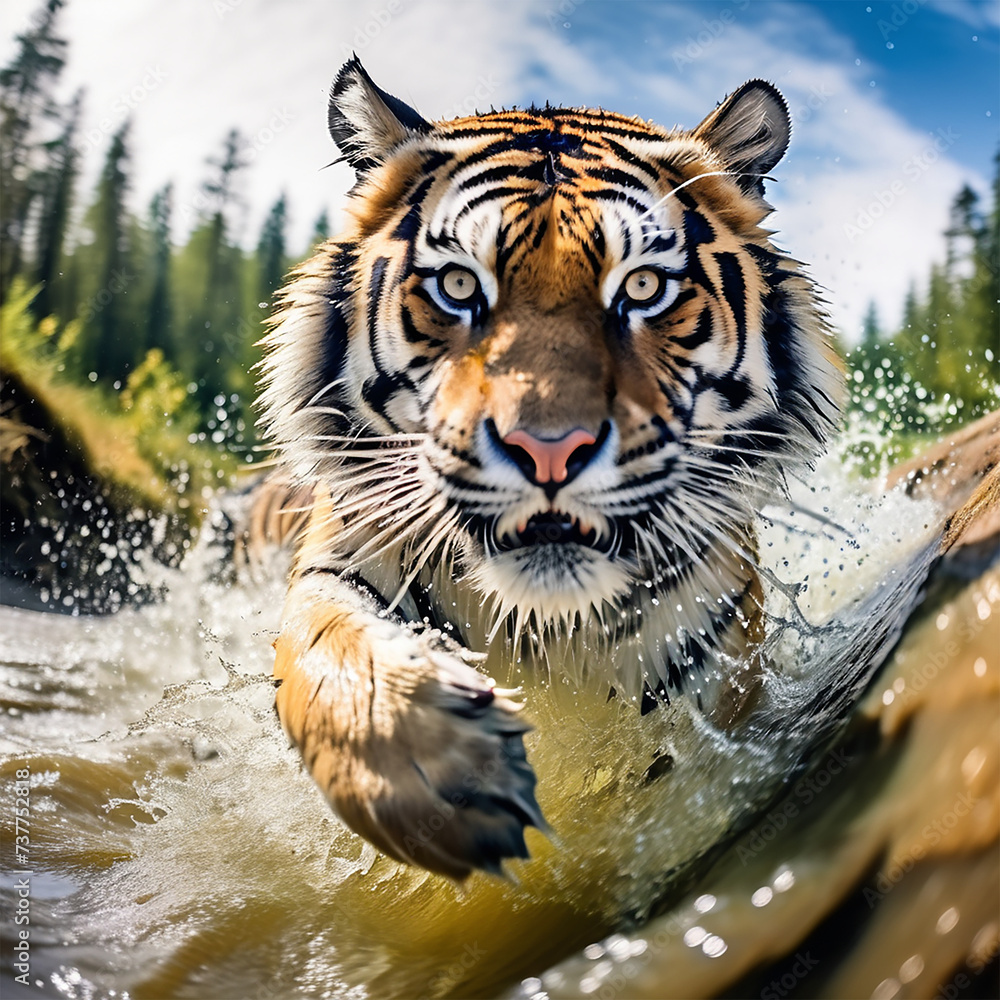 Siberian tiger, Panthera tigris altaica, low angle photo direct face view, running in the water ...
