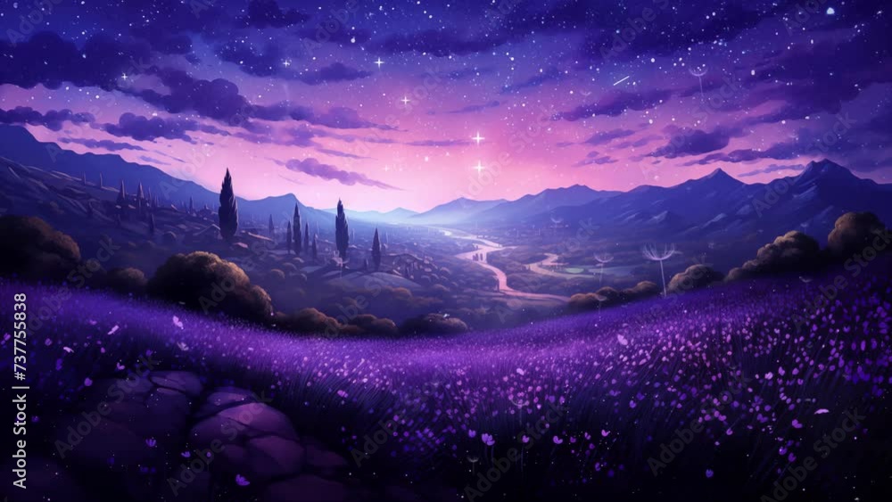 night view nature. lavender field at night with each lavender plant ...