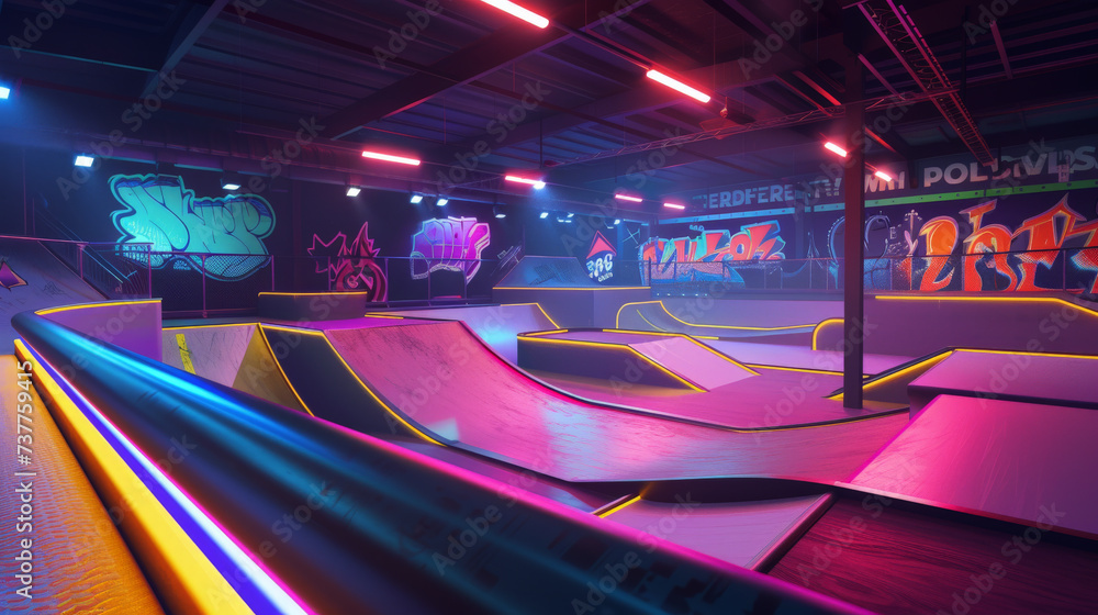 A skateboard race in a neon skate park where speed and cheerfulness ...
