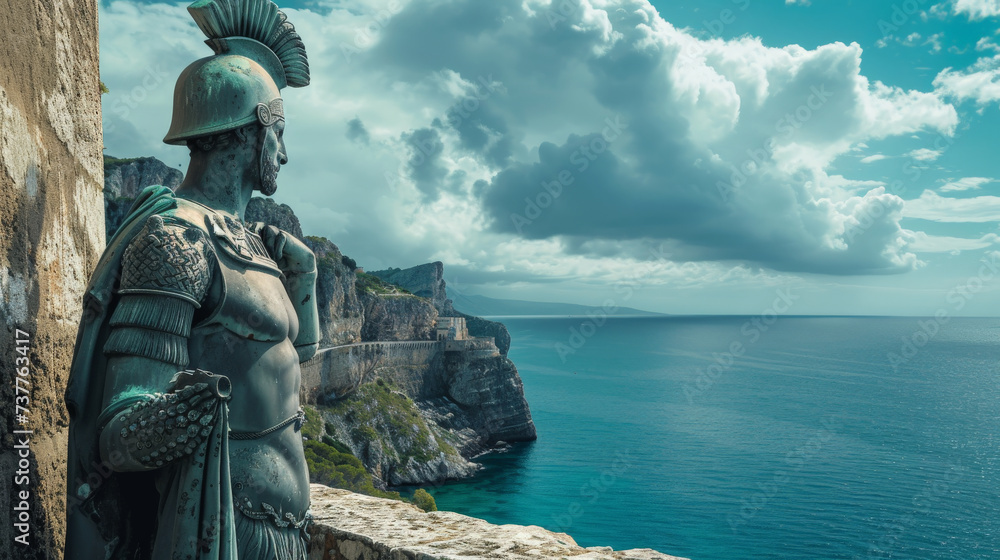 An ancient warrior statue overlooks the sea its gaze fixed on the ...