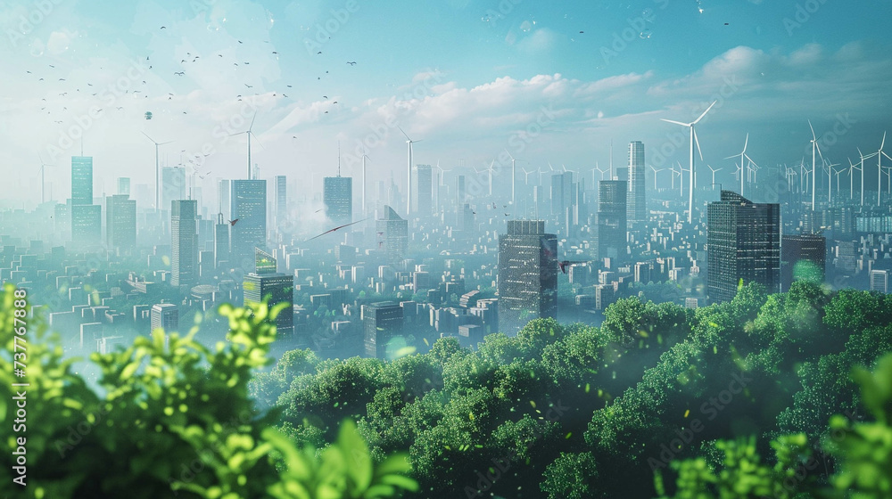 Concept art of a future world where technology and green energy have ...