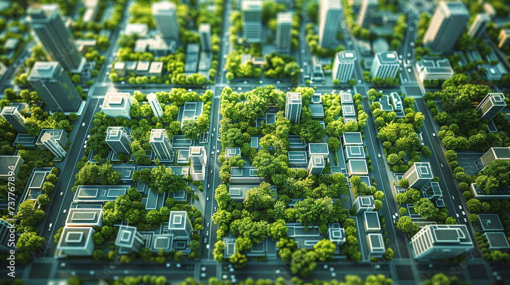 Birds eye view of an efficient AI optimized urban layout illustrating ...
