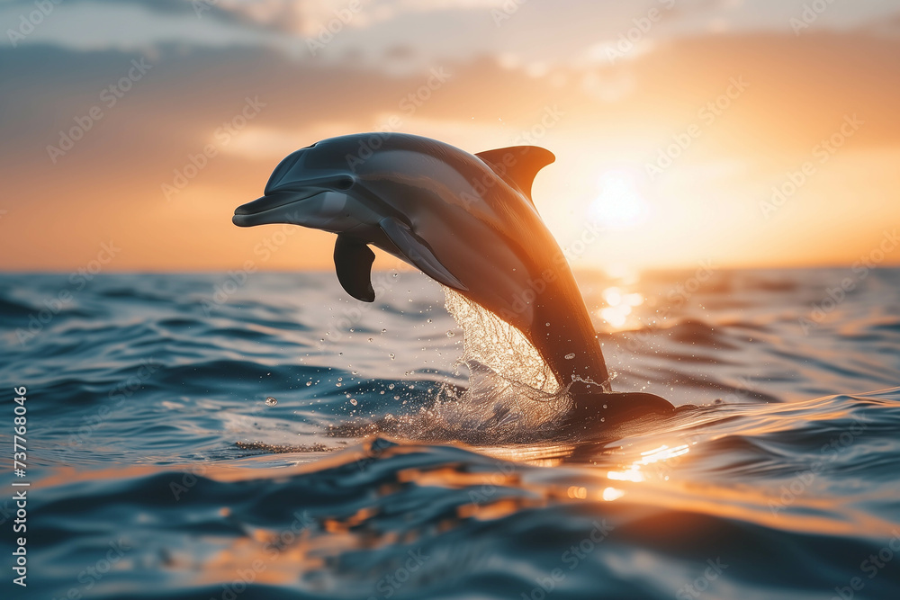 Dolphins leap across the surface of the water in the evening, lit up ...