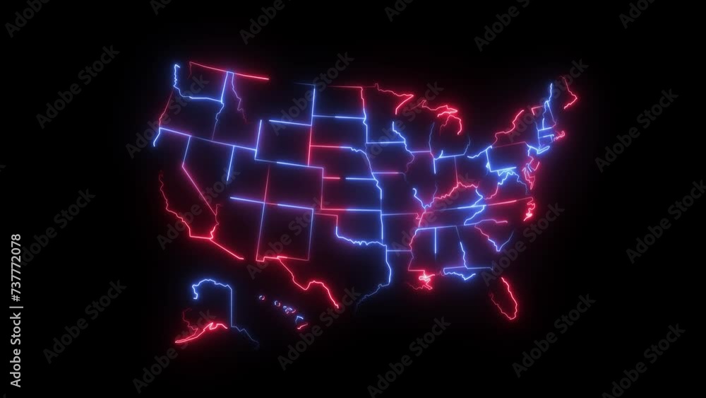 USA map animated with dual color red and blue states neon outline ...