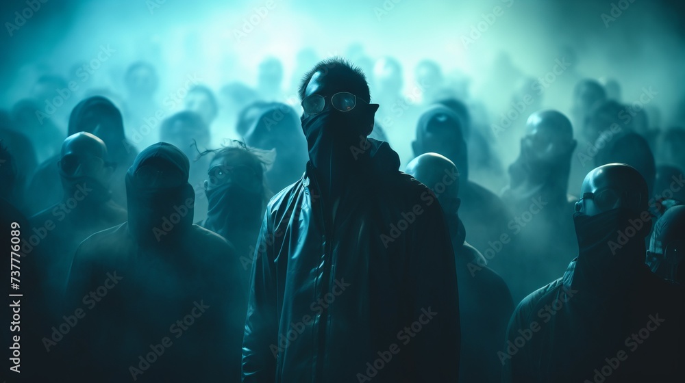 A crowd of people wearing medical masks on a gloomy dark background ...
